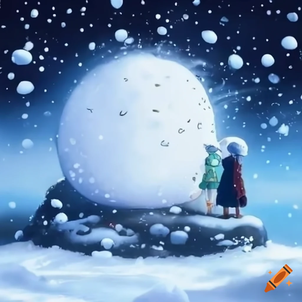 Studio Ghibli snowball fight in dramatic lighting with streaks of snow ...
