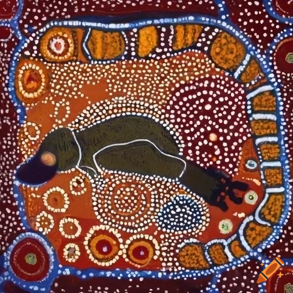 Aboriginal art of two platypus playing in water in dot style on Craiyon