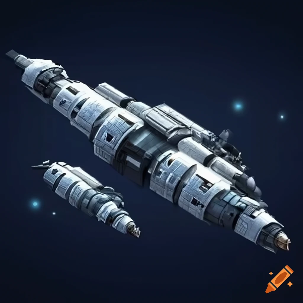 Space freighter in combat with small space fighters on Craiyon