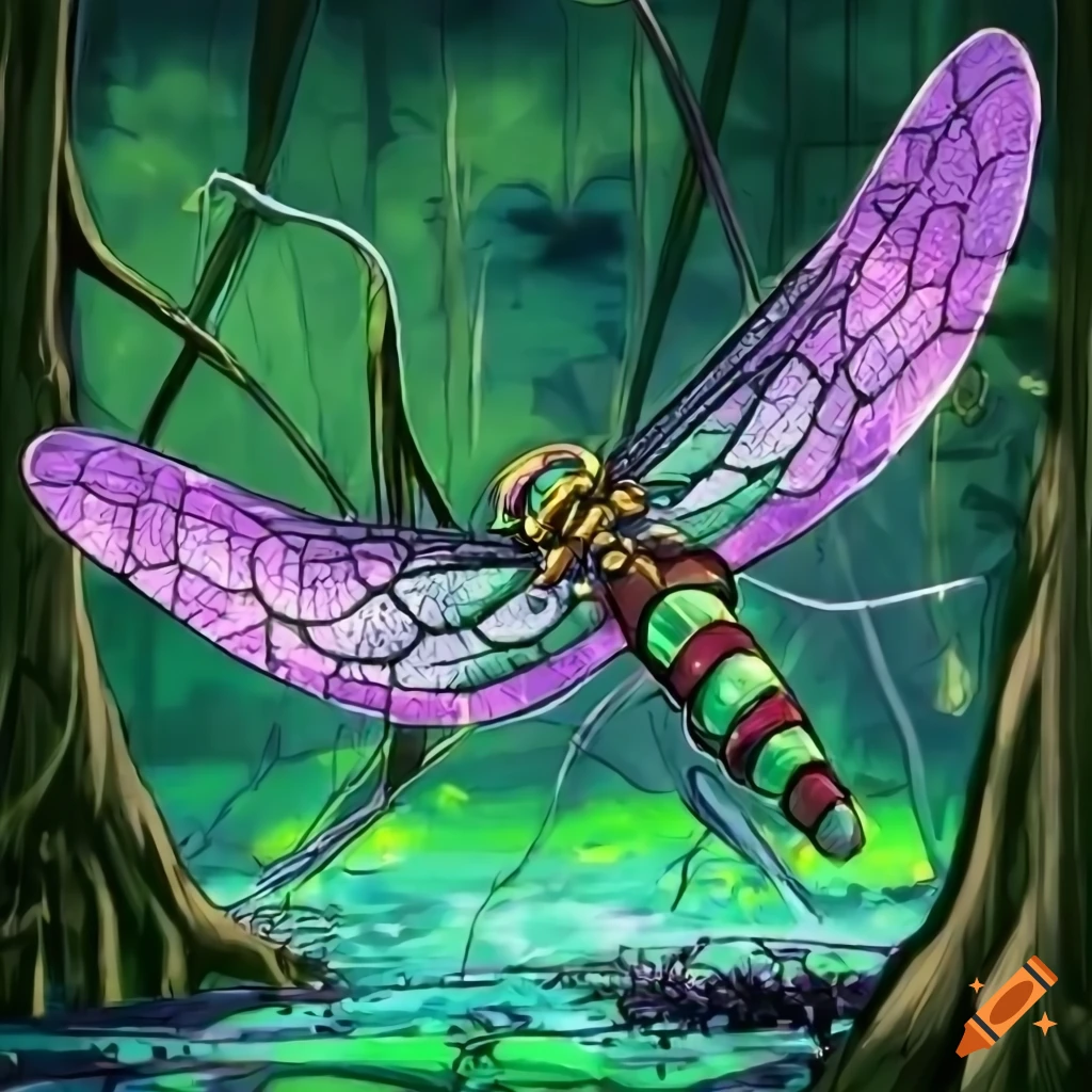 Dragonfly flying through a swamp in yu-gi-oh art style on Craiyon