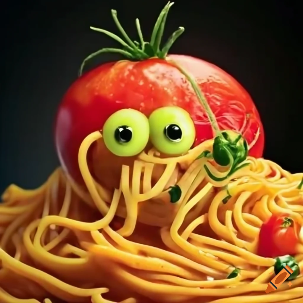 Cute spaghetti monster enjoying a tomato on Craiyon