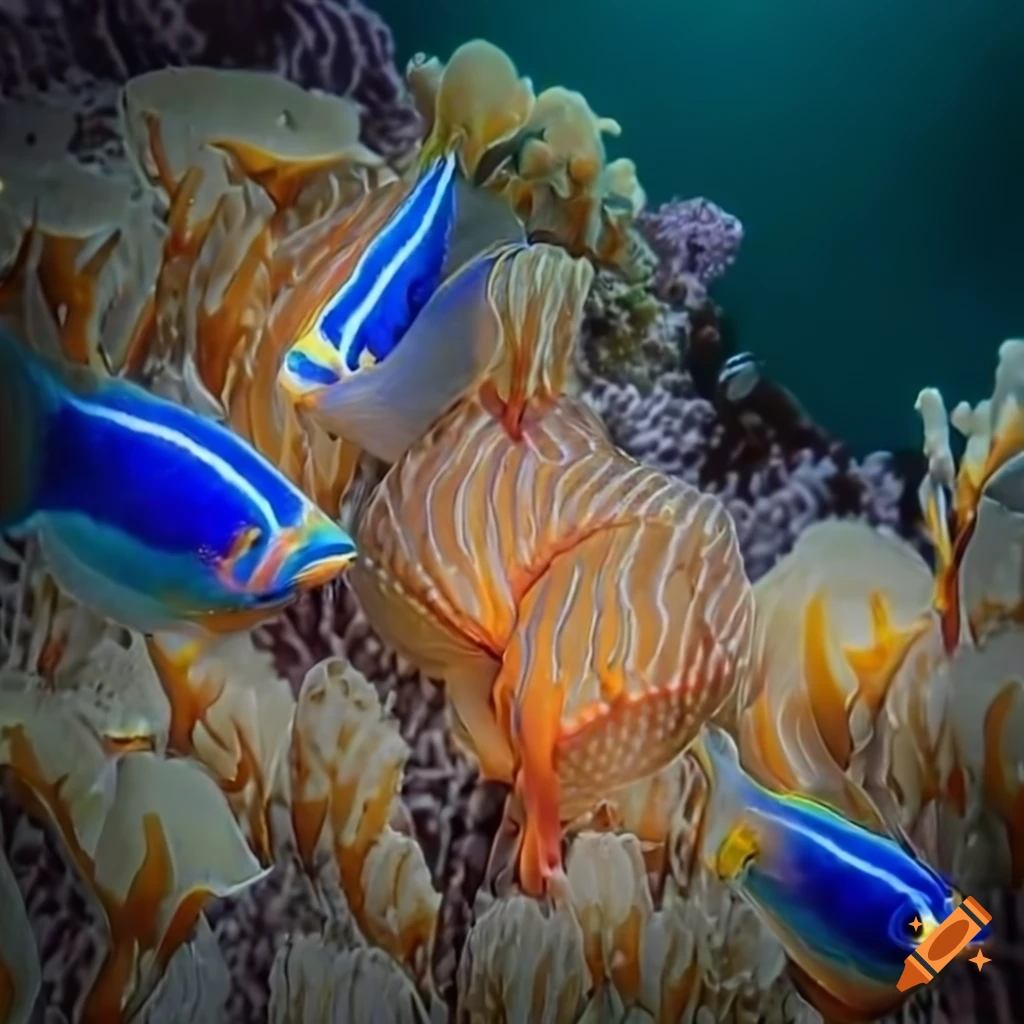 Group of exotic fish in a hyper sharp underwater micro photo on Craiyon