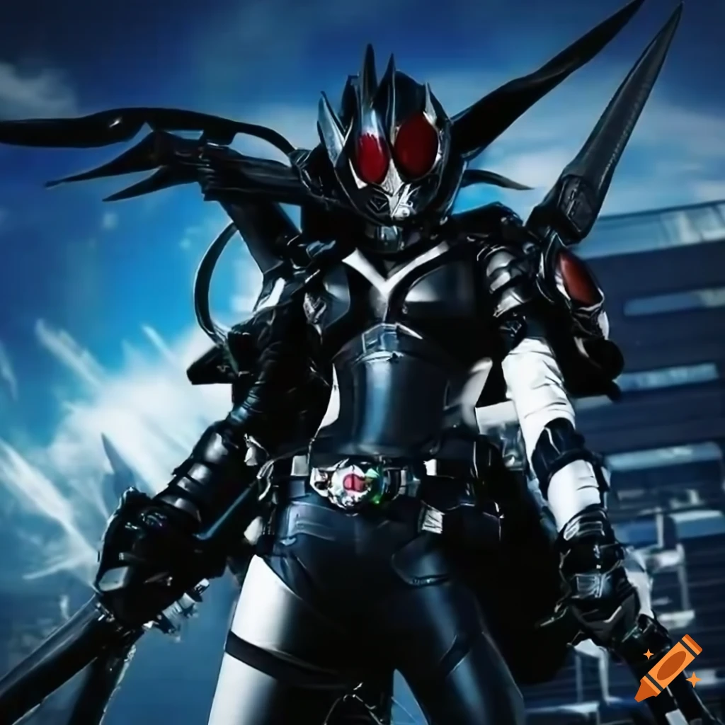 Highly detailed full body shot of Kamen Rider Black Rock Shooter on Craiyon