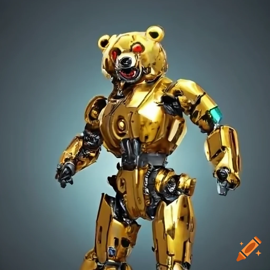 Golden bear robot battling silver wolf robot in machine war style on ...