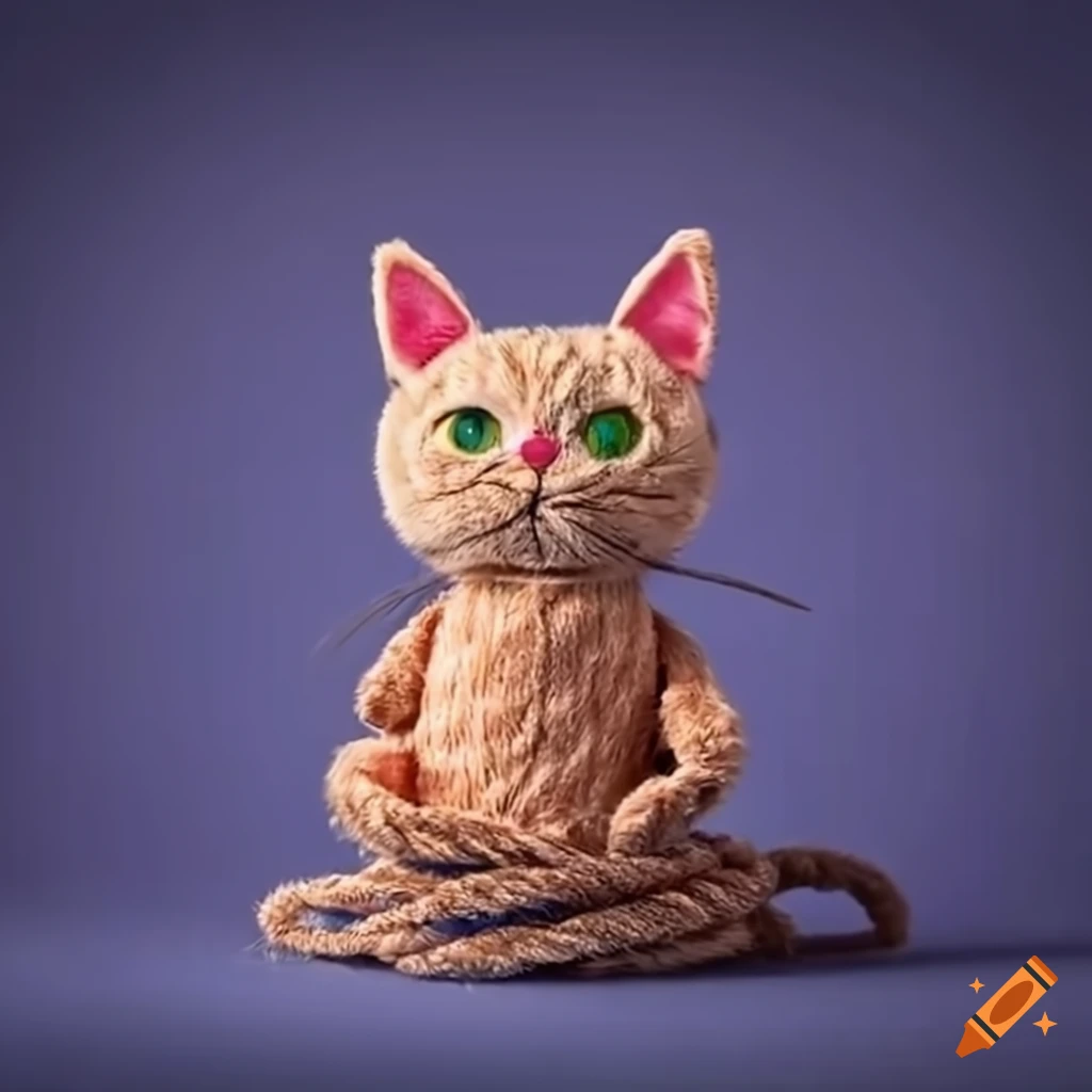 Adorable stuffed cat wrapped in rope on Craiyon