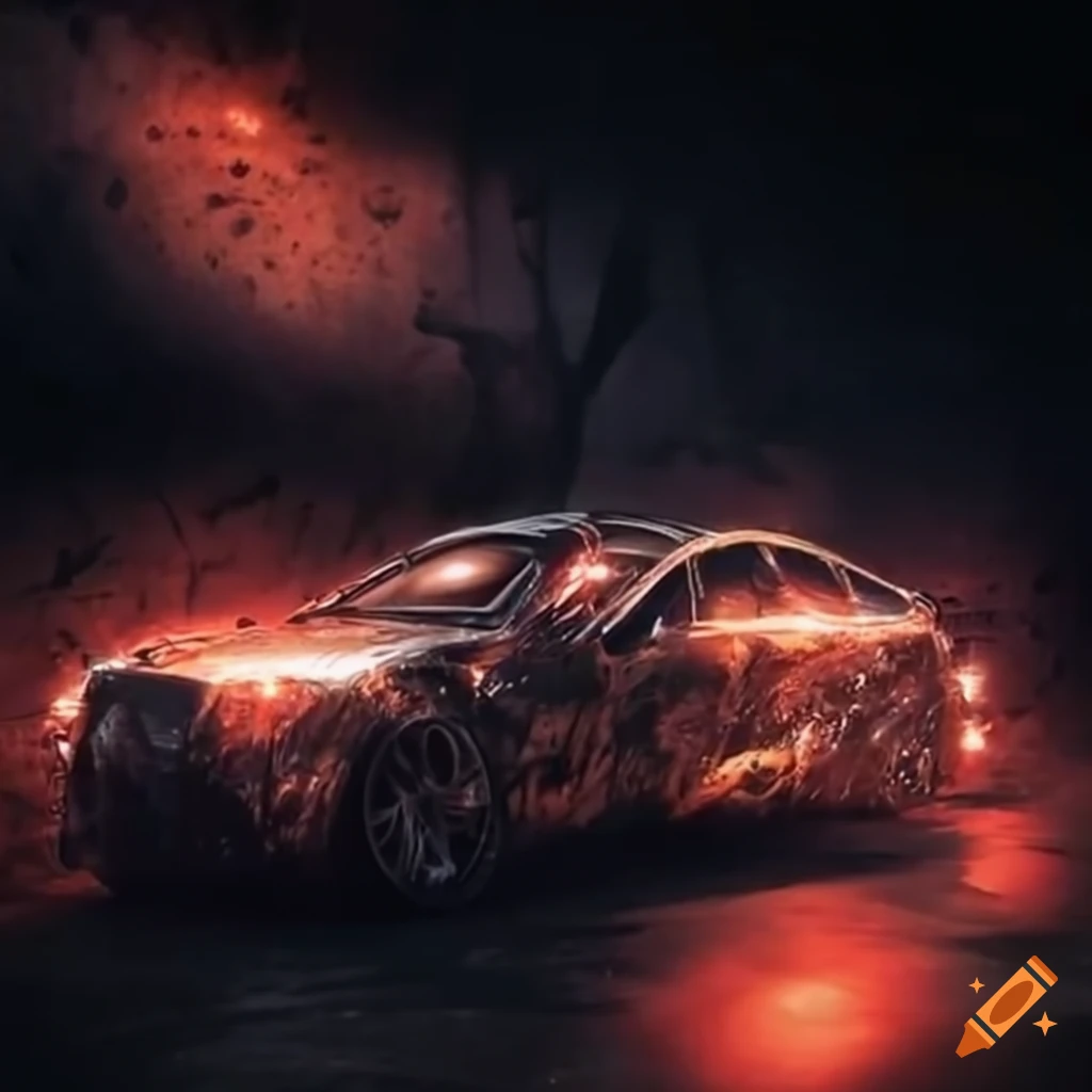 Fiery car with a hellish theme on Craiyon