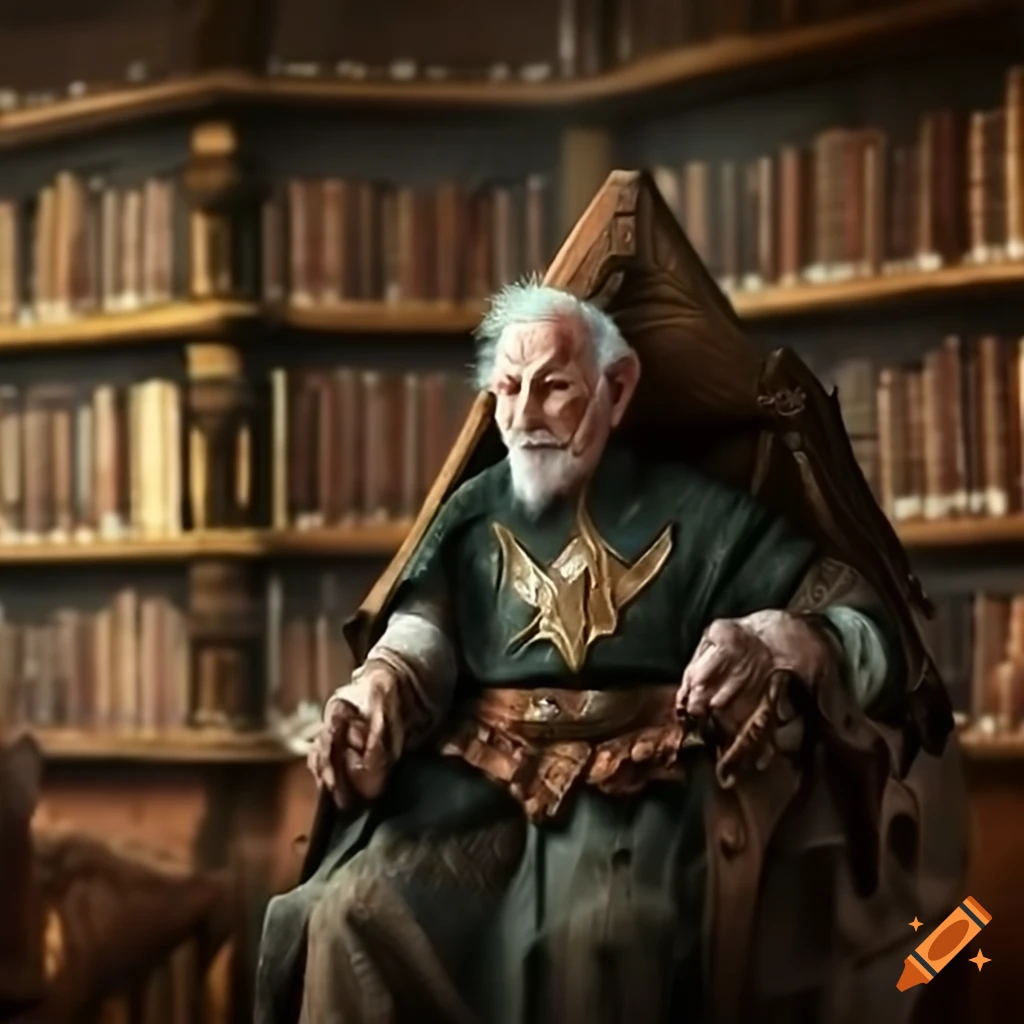 Elderly elf priest in a library on Craiyon