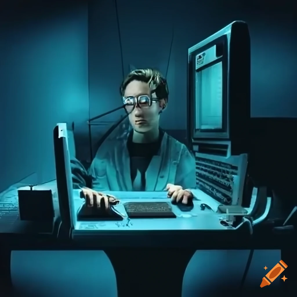 Digital illustration of a person inside a computer on Craiyon