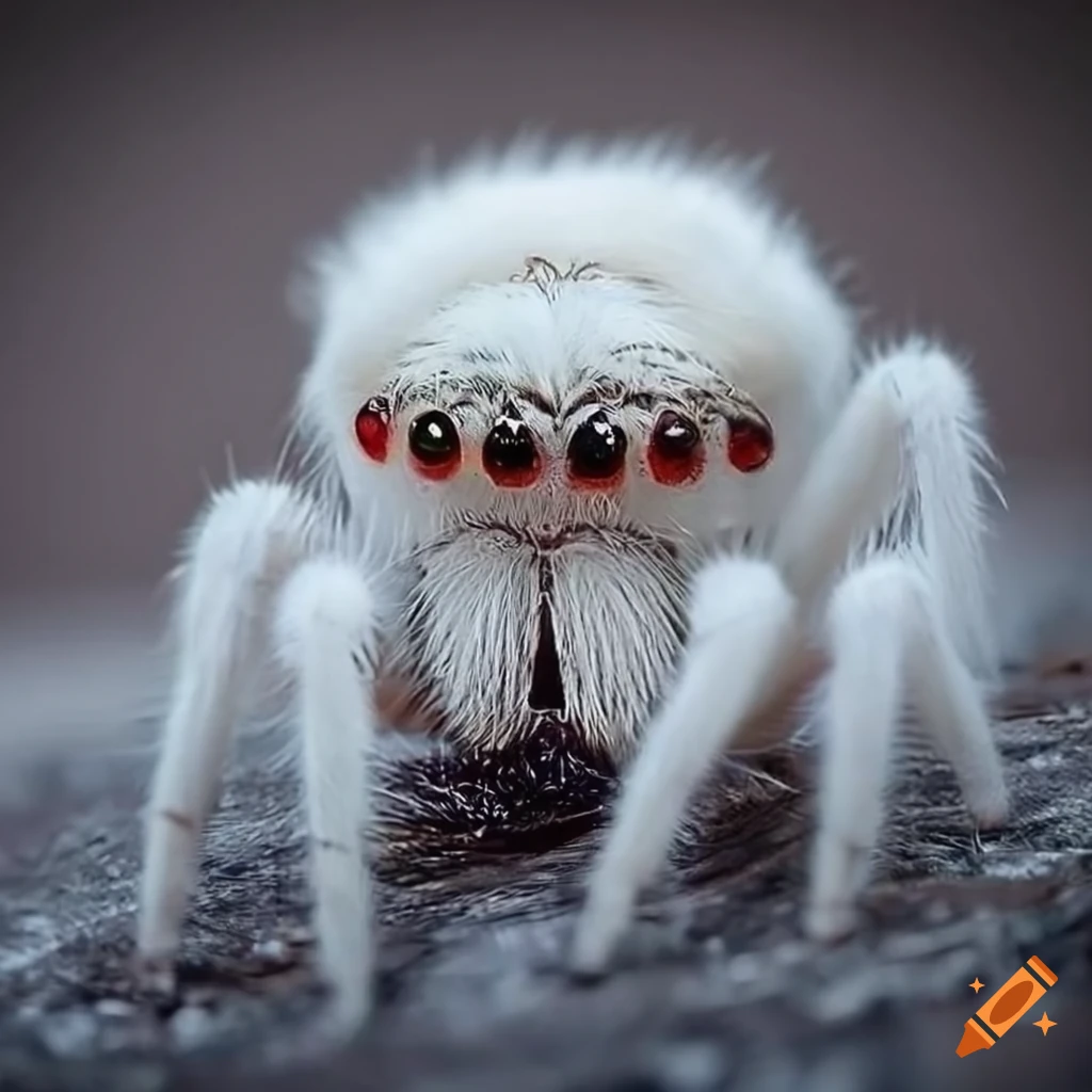 Adorable big white spider with red eyes and stripes in its fur on Craiyon