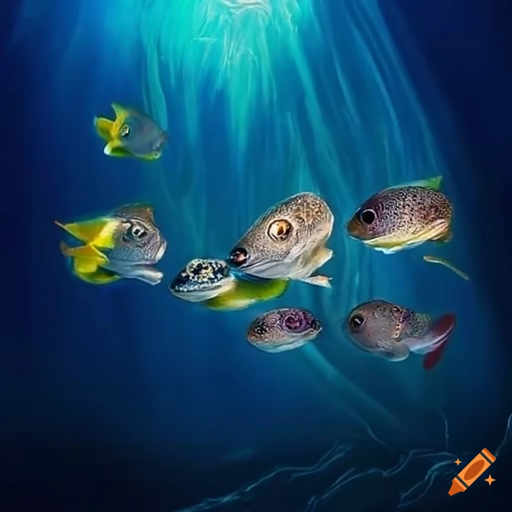 Group of exotic fish in vivid underwater micro photography on Craiyon