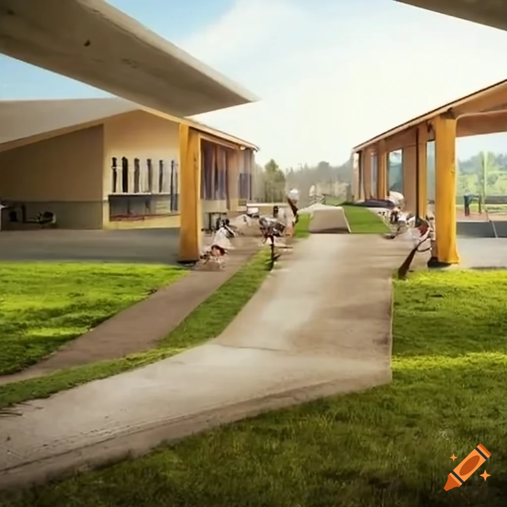 Covered walkway connecting a school and a hilltop building made of ...