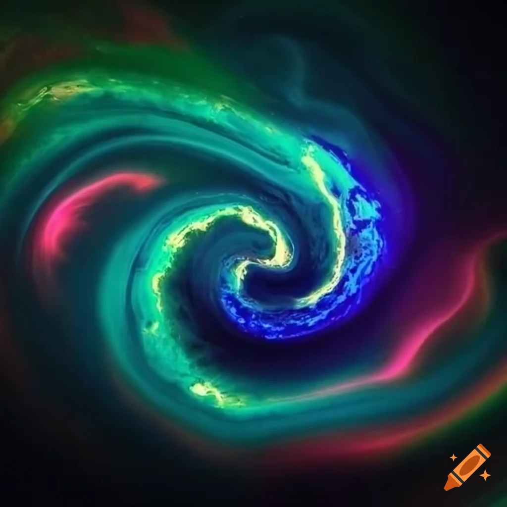 Neon colors swirling between celestial bodies and satellite in outer ...