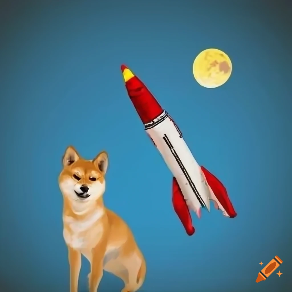 Adventurous Shiba Inu with a rocket in a colorful background on Craiyon