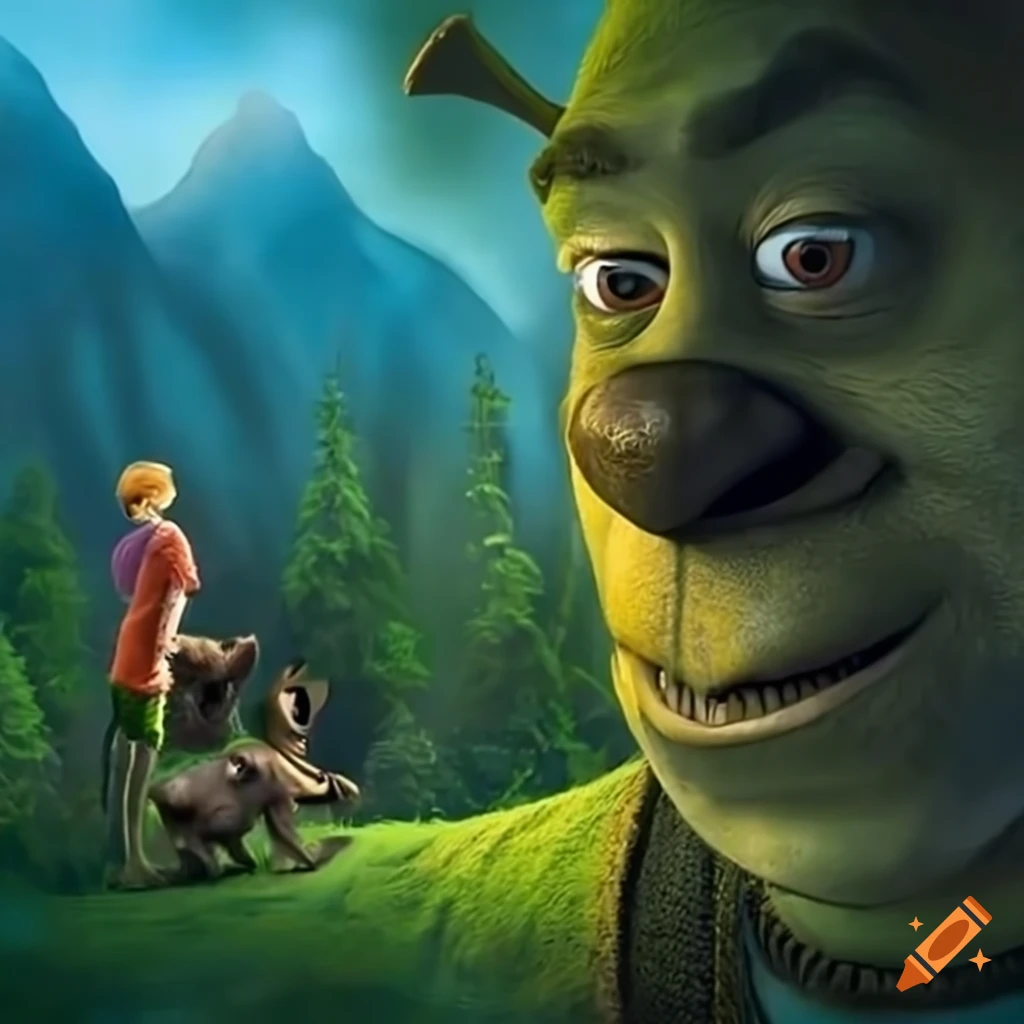Shrek, scooby doo, and bob ross painting a camouflage forest in a ...