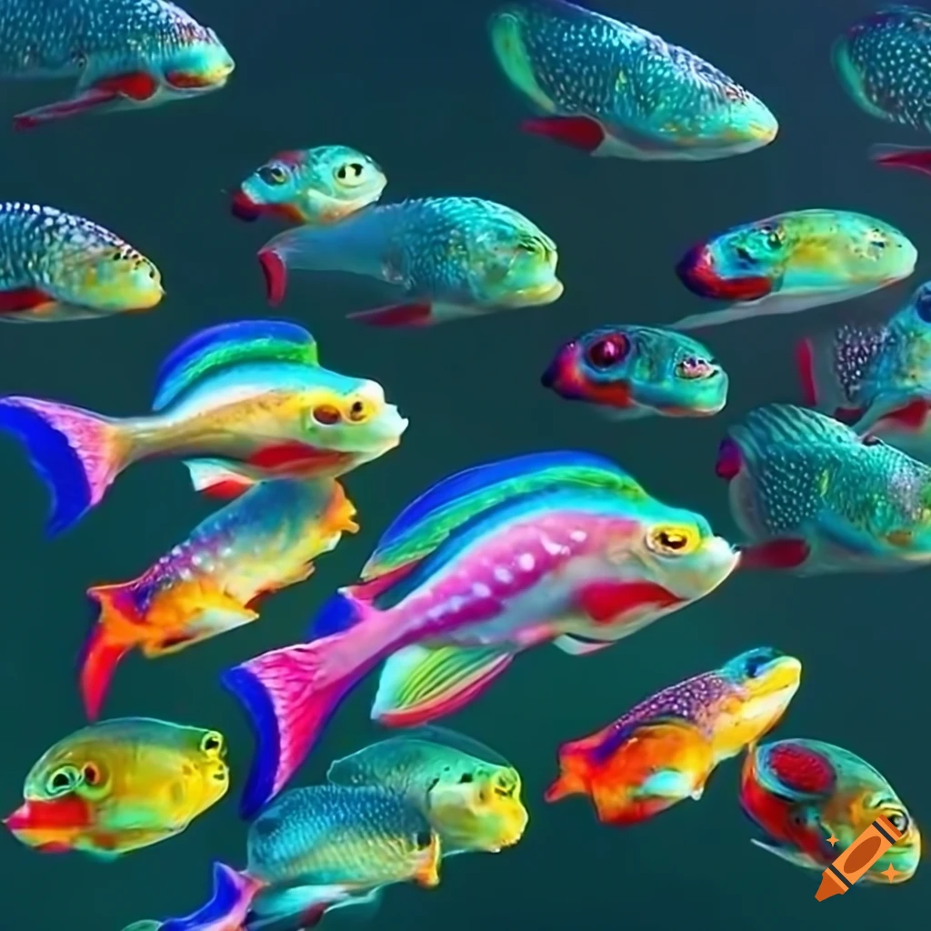Group of exotic fish in vivid underwater micro photography on Craiyon