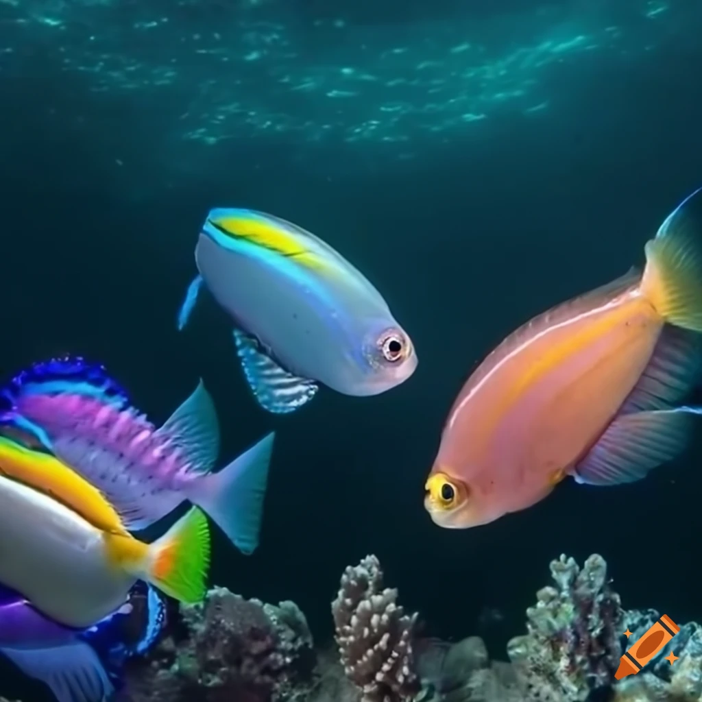Group of exotic fish in a hyper-sharp microphotography underwater scene ...
