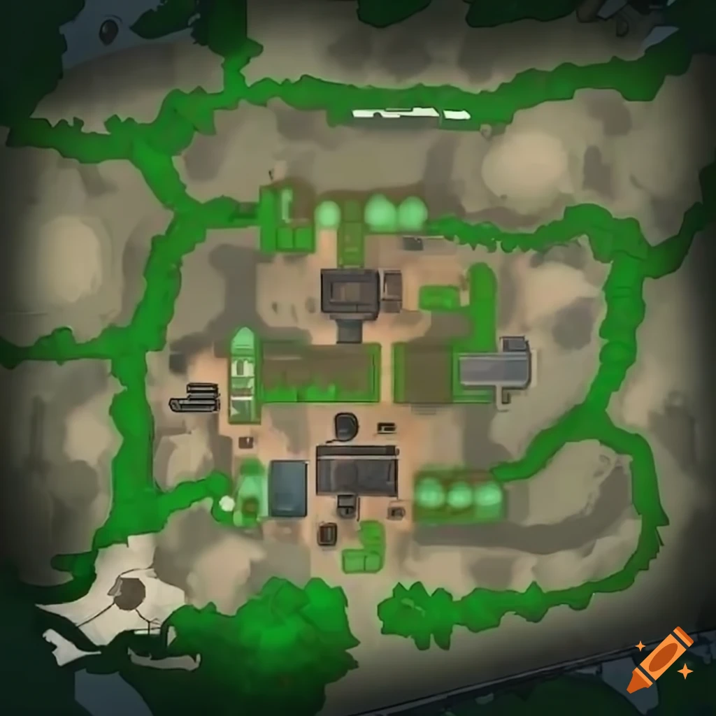 Top-down view of extraction shooting game map on Craiyon