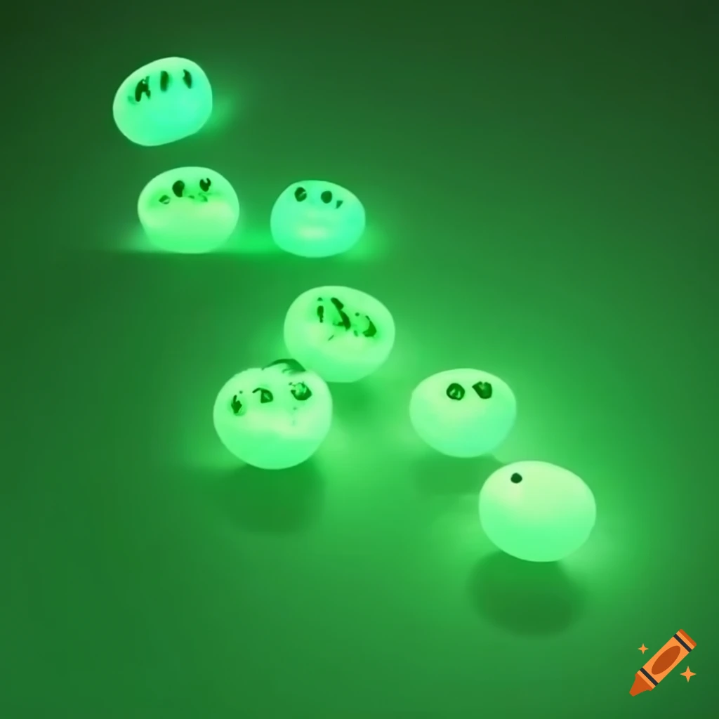 Glowing green blobs with friendly faces in a clear blue sky on Craiyon