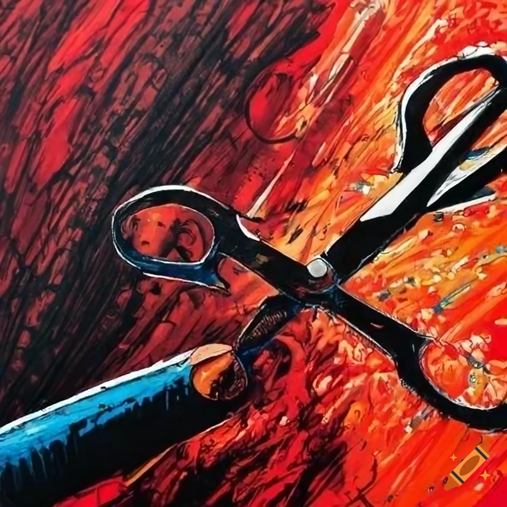 Comic Book Cover of a hollowed out bible with scissors and string in color pencil and pen and ...