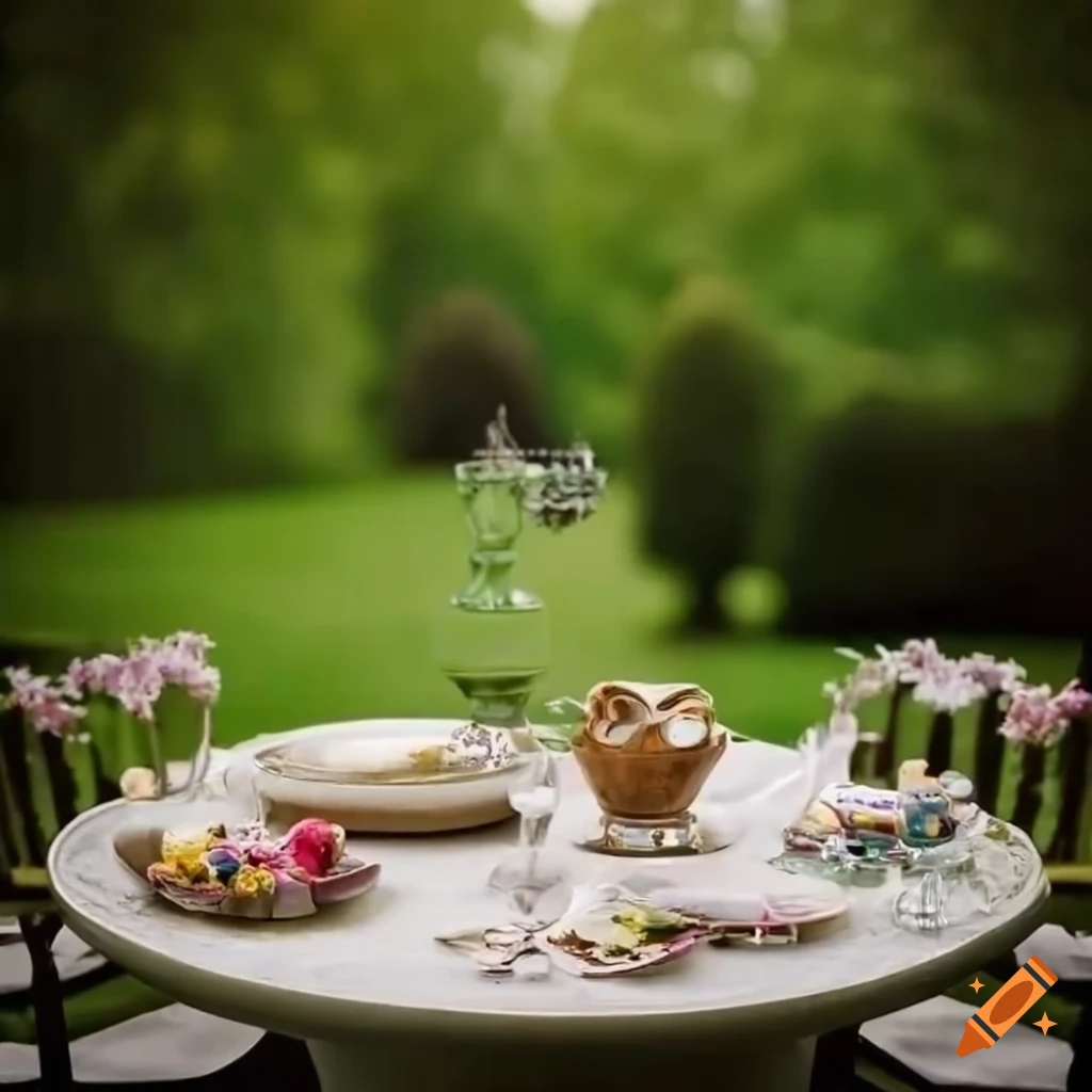 Spring manor garden with fountain and tea set on a table on Craiyon