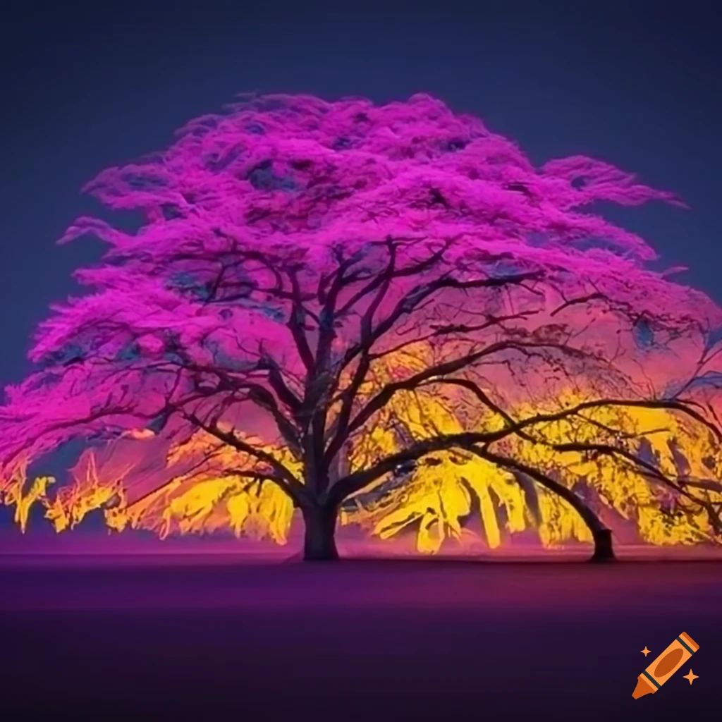Vibrant pink and yellow neon tree on Craiyon