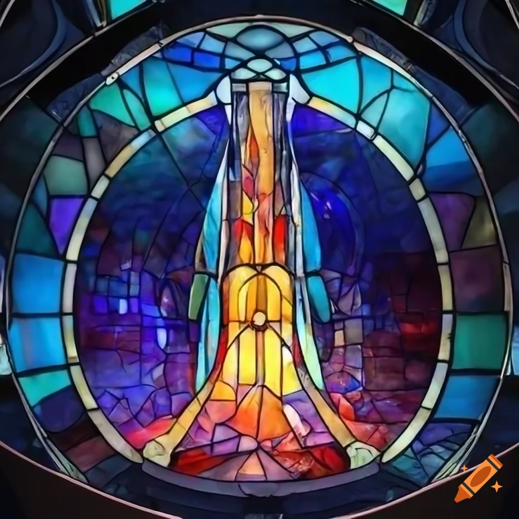 Stunning stained glass artwork of a futuristic space journey on Craiyon
