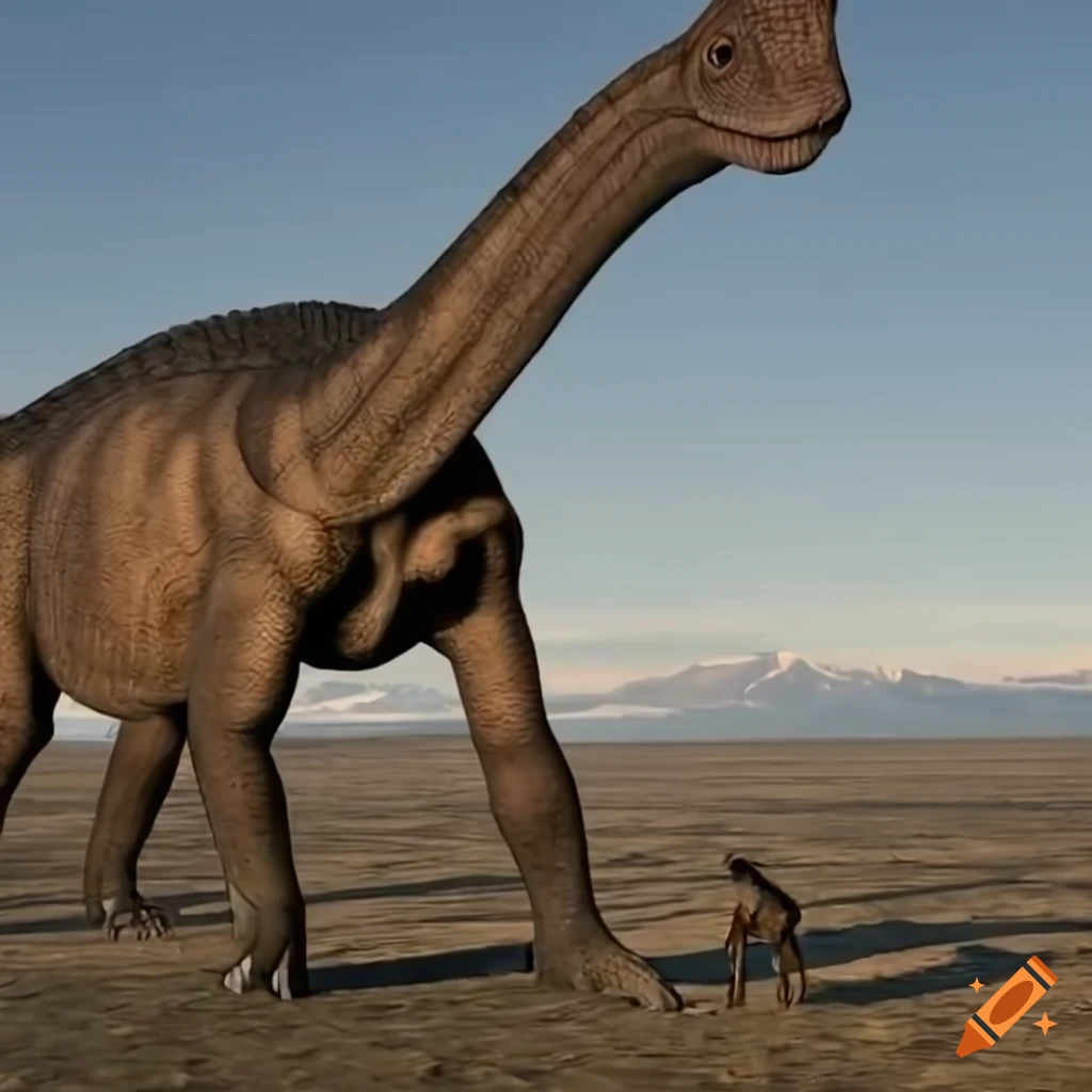 Brachiosaurus in the background with hadrosaurus in the foreground in a ...