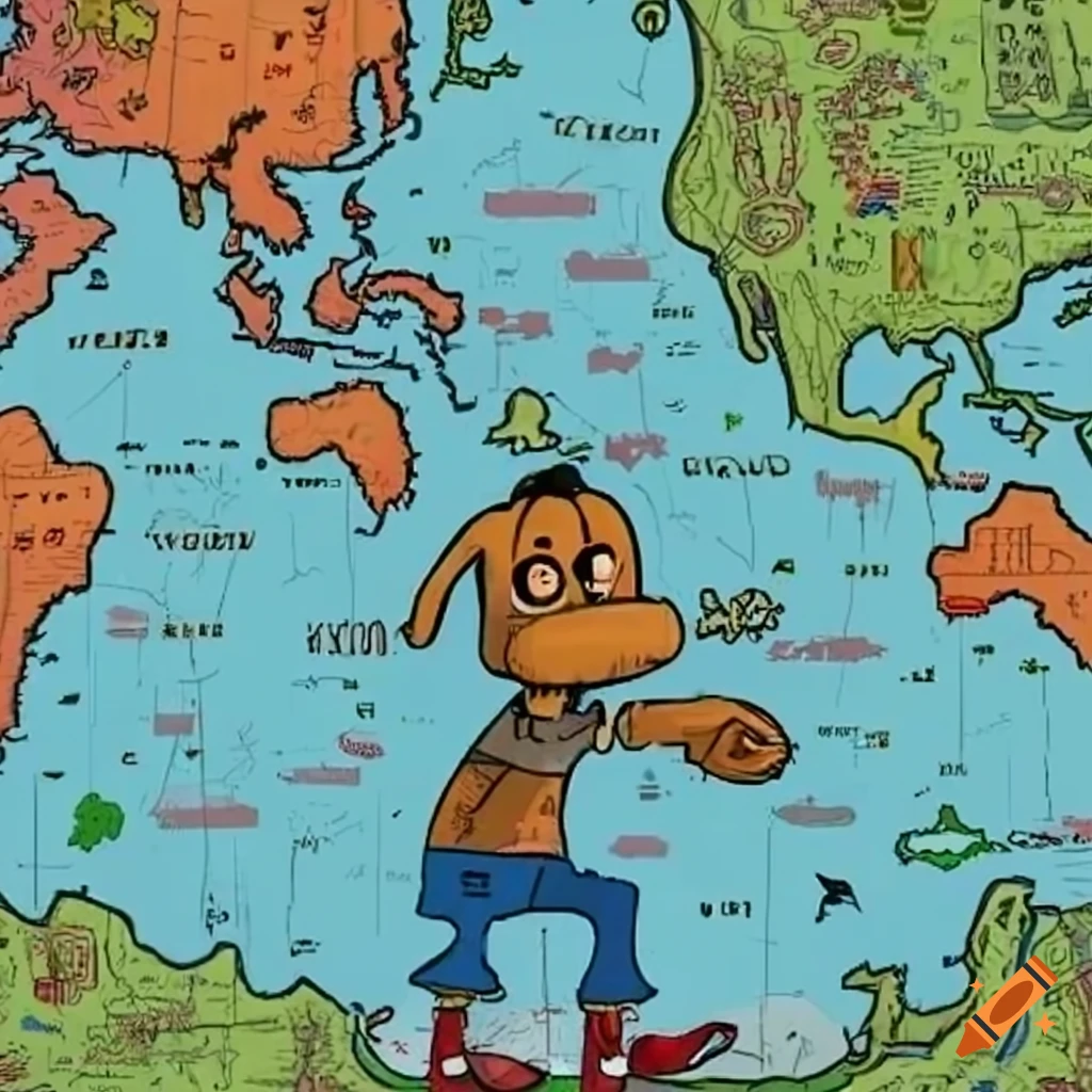 Illustration of a world map with anthropomorphic dog characters on Craiyon