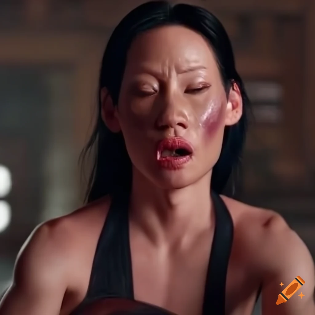 Bruised Lucy Liu martial fighter with spinning head expression on Craiyon