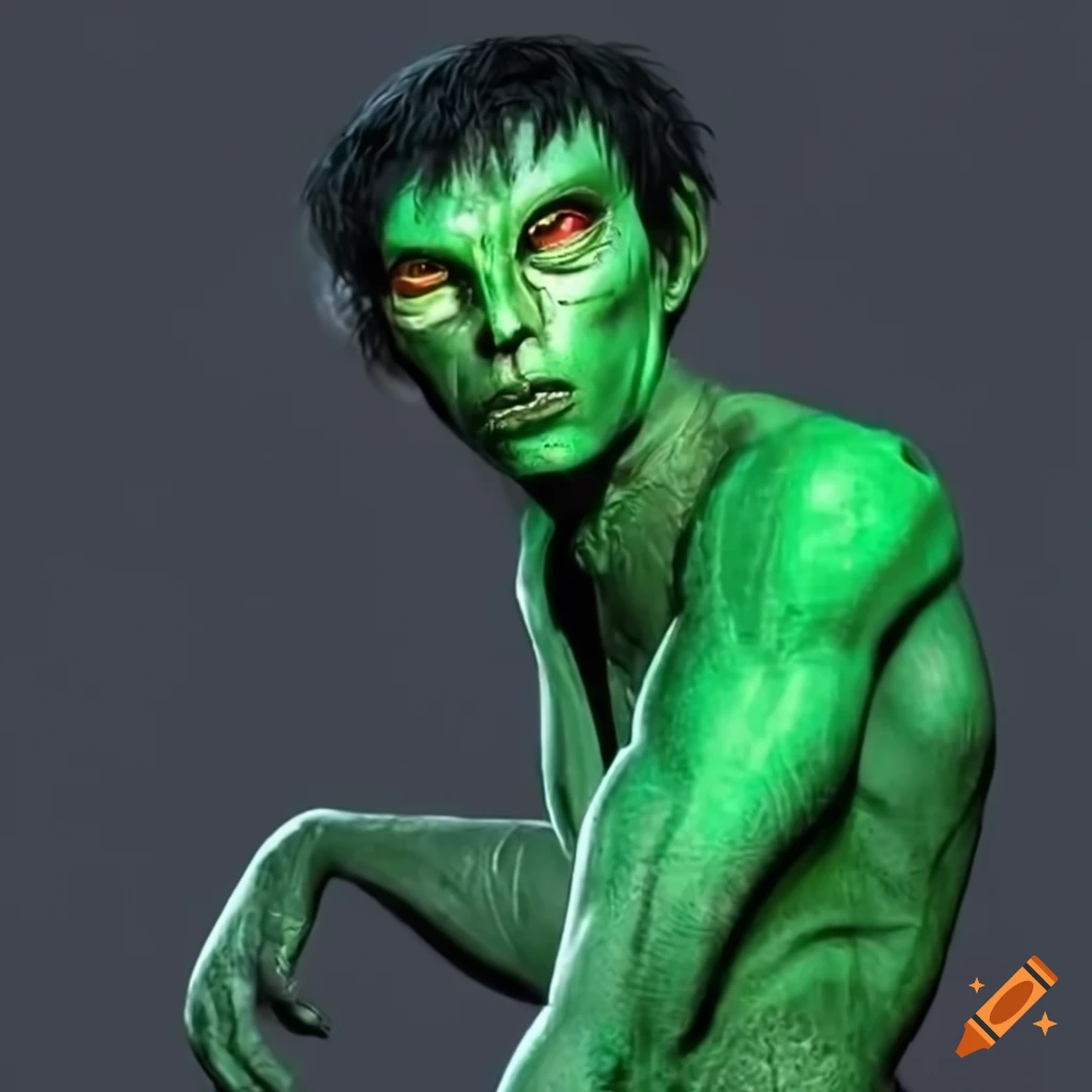 Green-skinned humanoid alien man with unique eyes squatting near trash ...