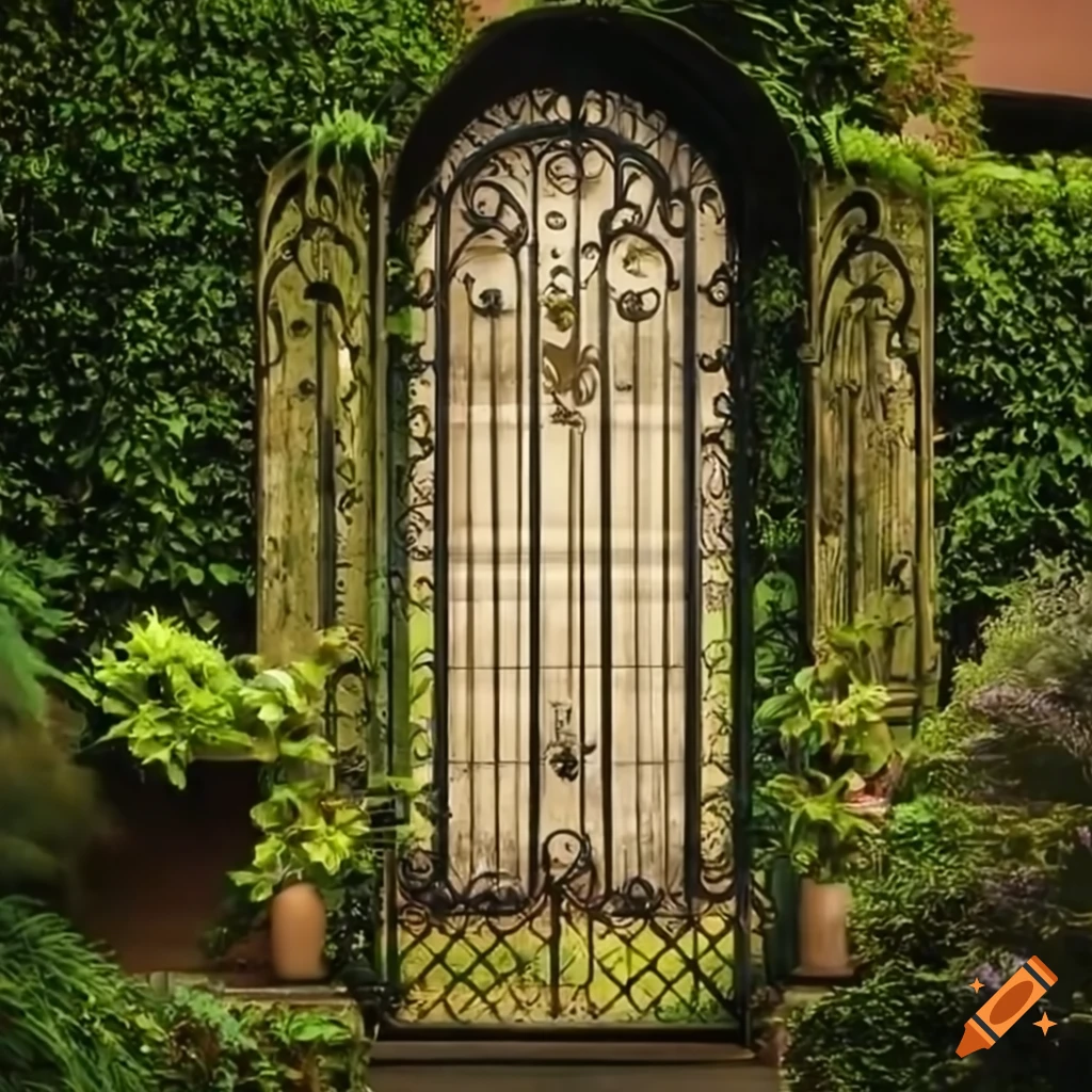 Art deco inspired iron gate in a garden on Craiyon