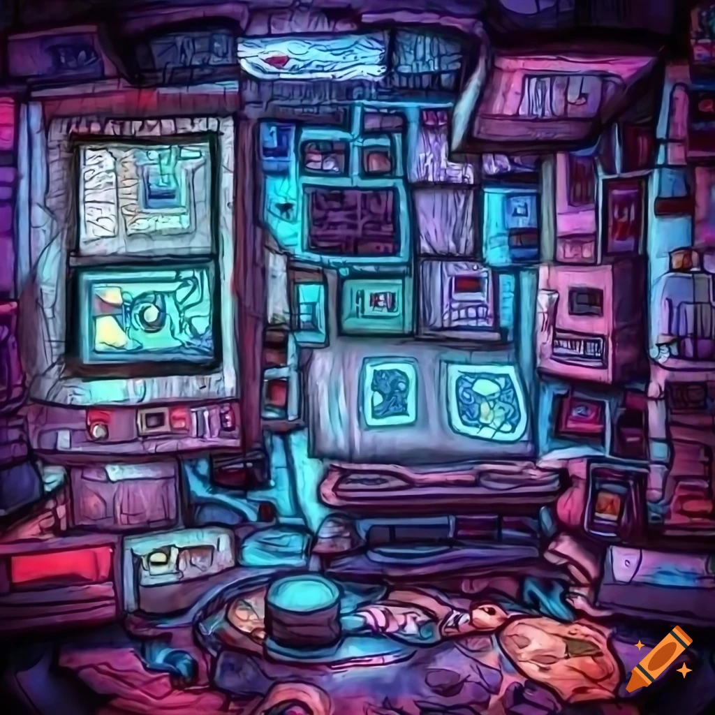 Messy basement with broken computers and multiple monitors in a ...