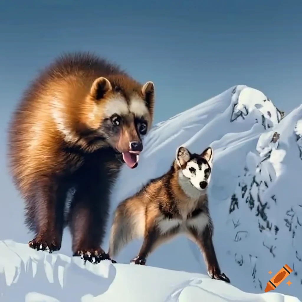 Fierce wolverine attacking huskies on a snowy mountain on Craiyon