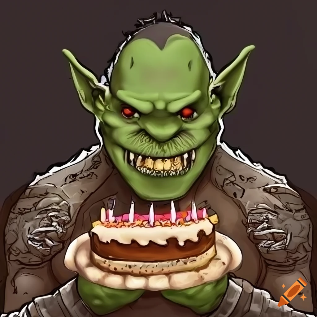 Orc holding a cake on his birthday on Craiyon