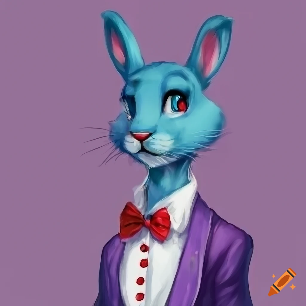Anthropomorphic blue rabbit with elegant purple vest and red bowtie on ...