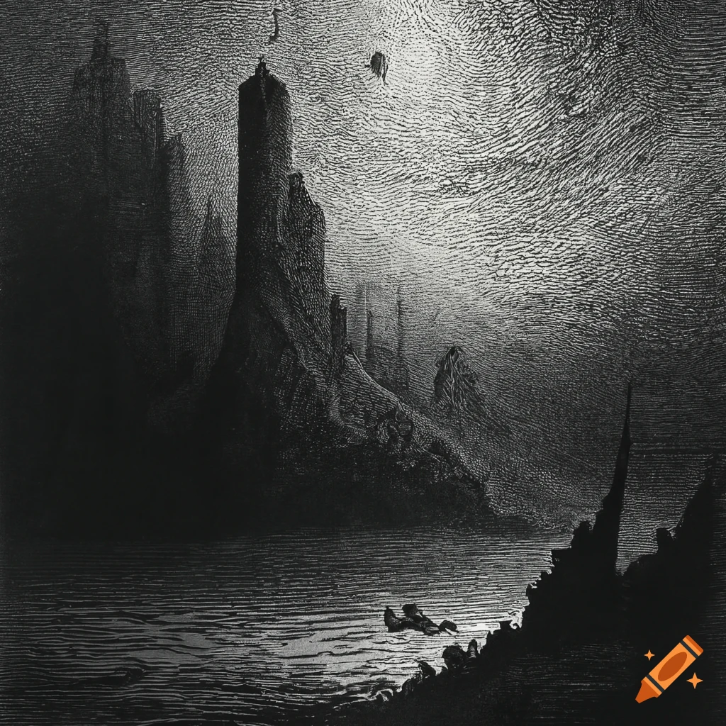 Sad landscape in black and white by Gustave Doré and Beksinski on Craiyon