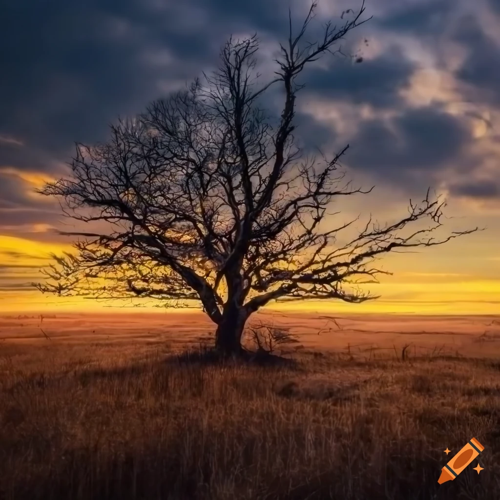 Detailed photo of a grass field with a burned tree on Craiyon