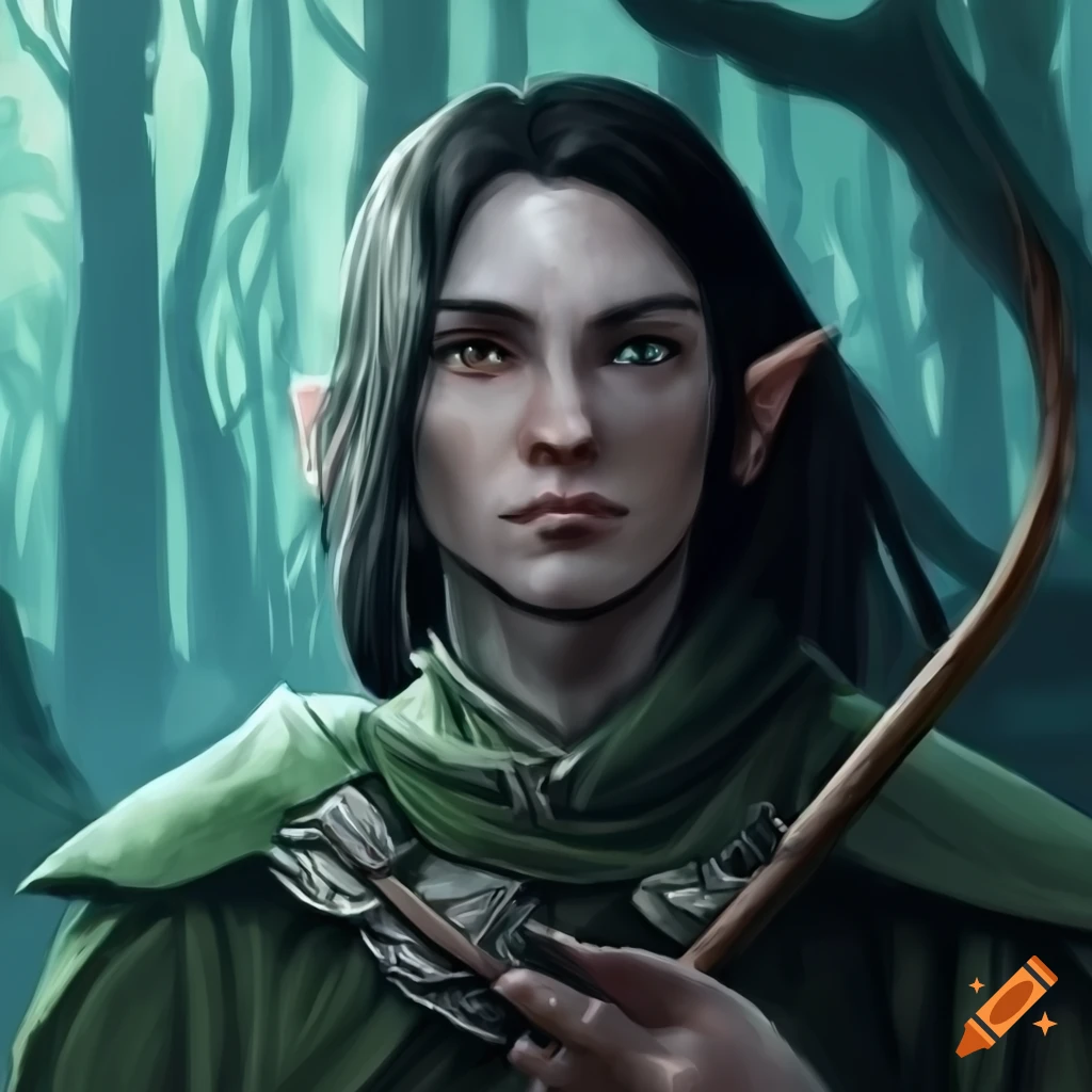 Elven ranger with grey skin and black hair hunting in the forest on Craiyon