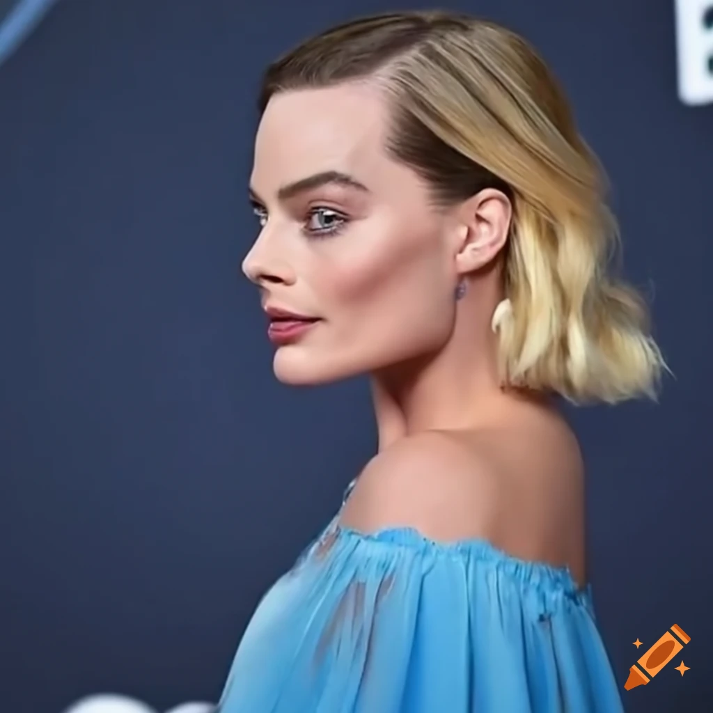 Margot robbie in blue dress from behind on Craiyon