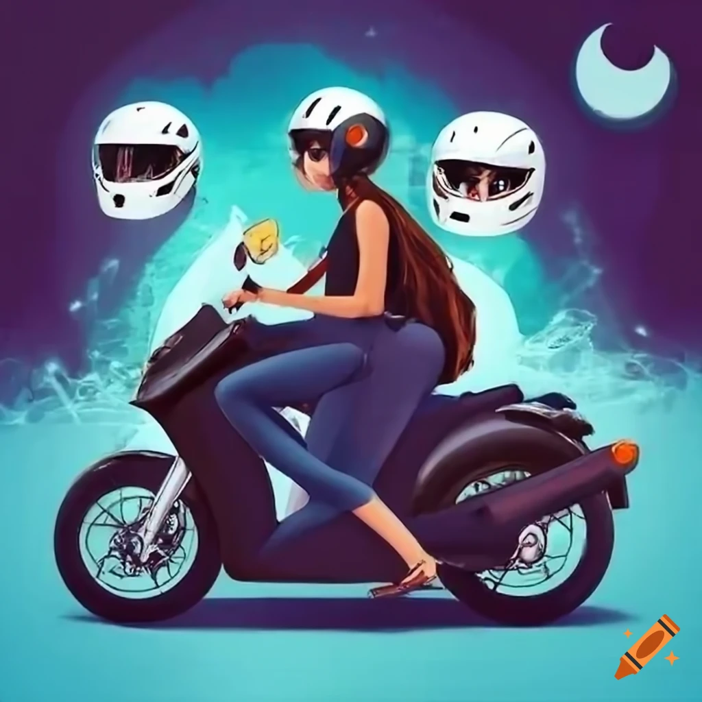 Brunette woman and cat riding motorcycle with matching helmets on Craiyon
