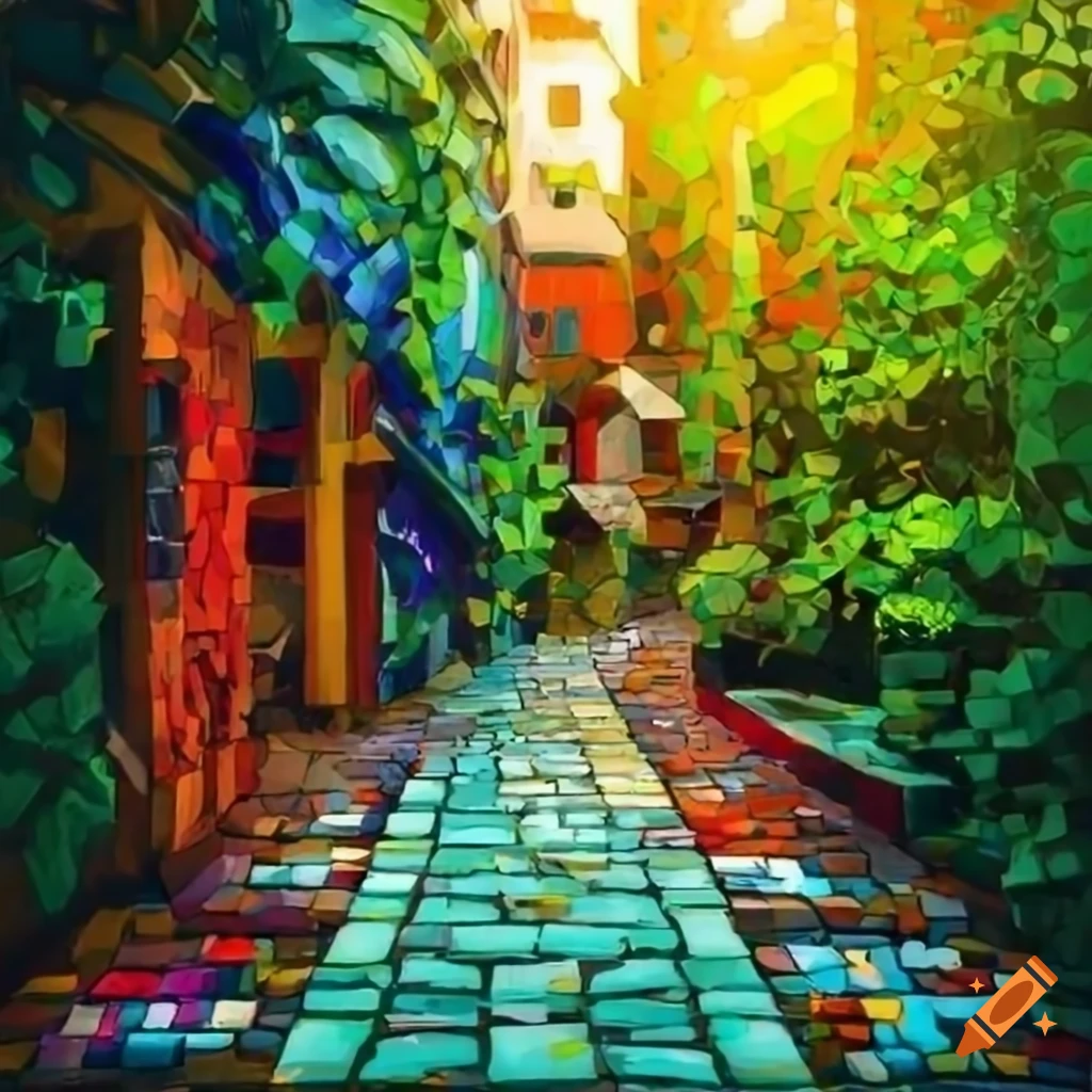 Vibrant urban landscape with colorful mosaics and lush vegetation on ...