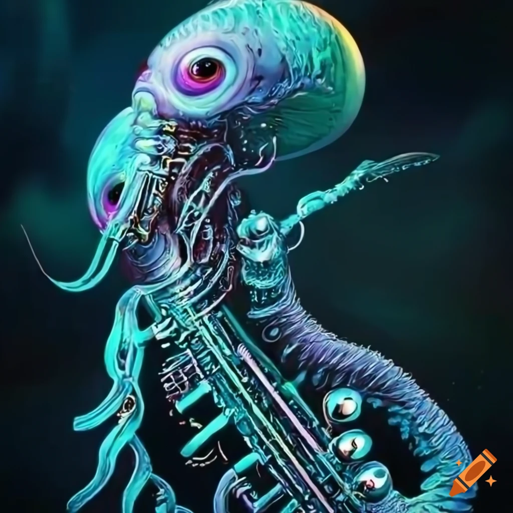 Saxophone with a crustacean-looking alien creature in hologram coloring ...