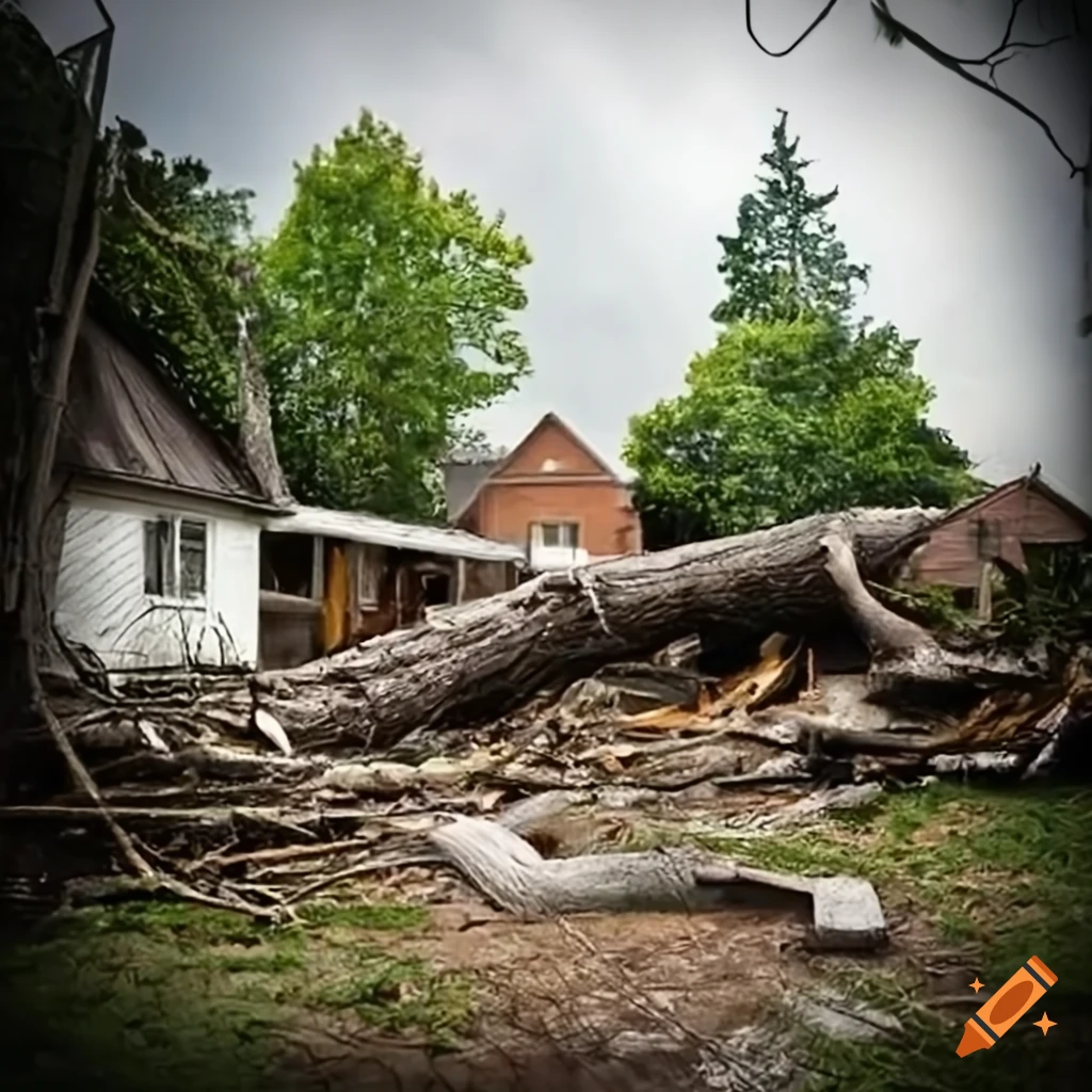 Fallen tree on a house with storm debris in the yard on Craiyon