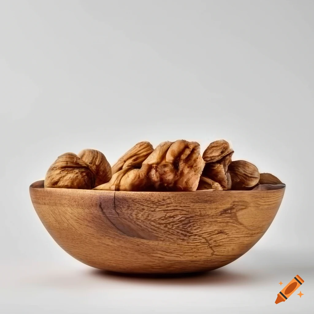 Rustic wooden bowl filled with peeled walnuts on a white background on ...