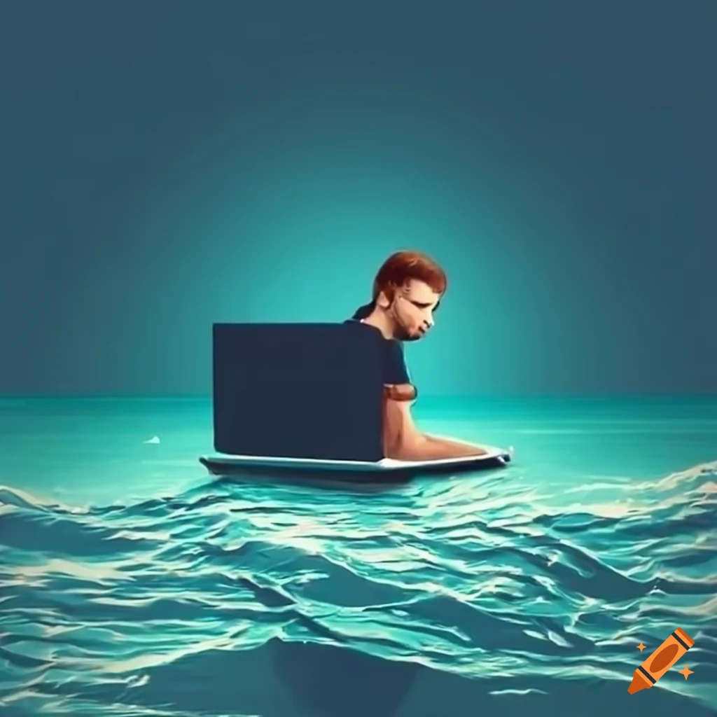 Programmer working on laptop by the ocean on Craiyon