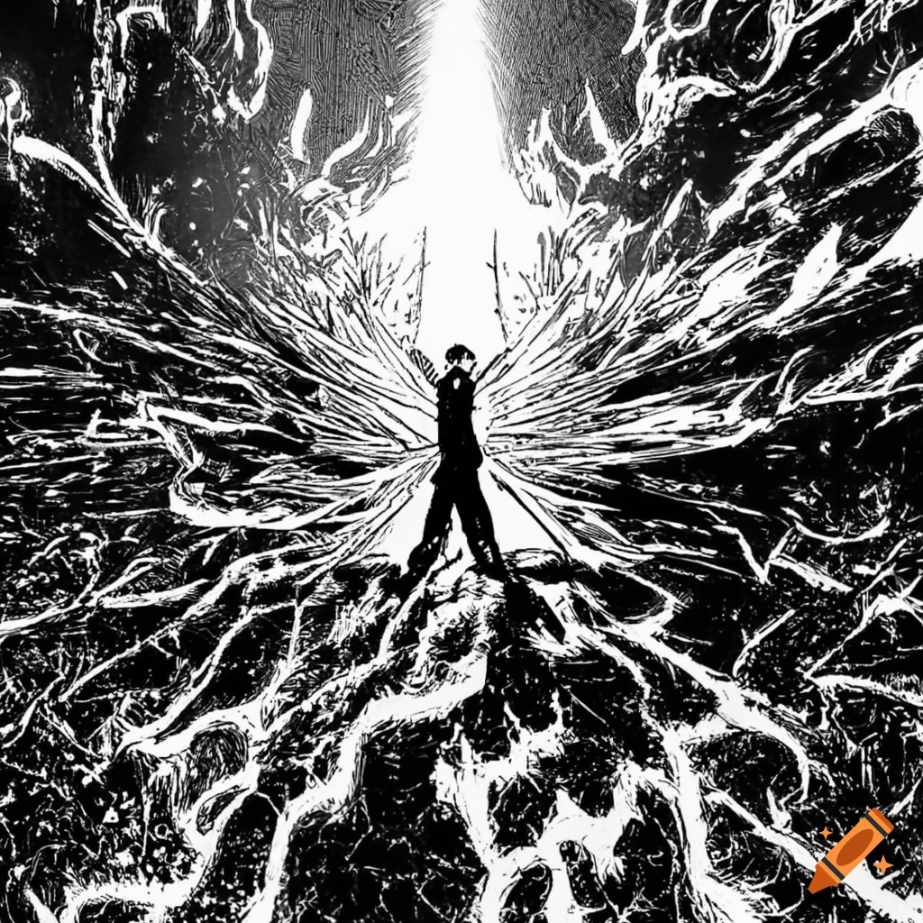 Black and white manga panel of an exploding angel in stars on Craiyon