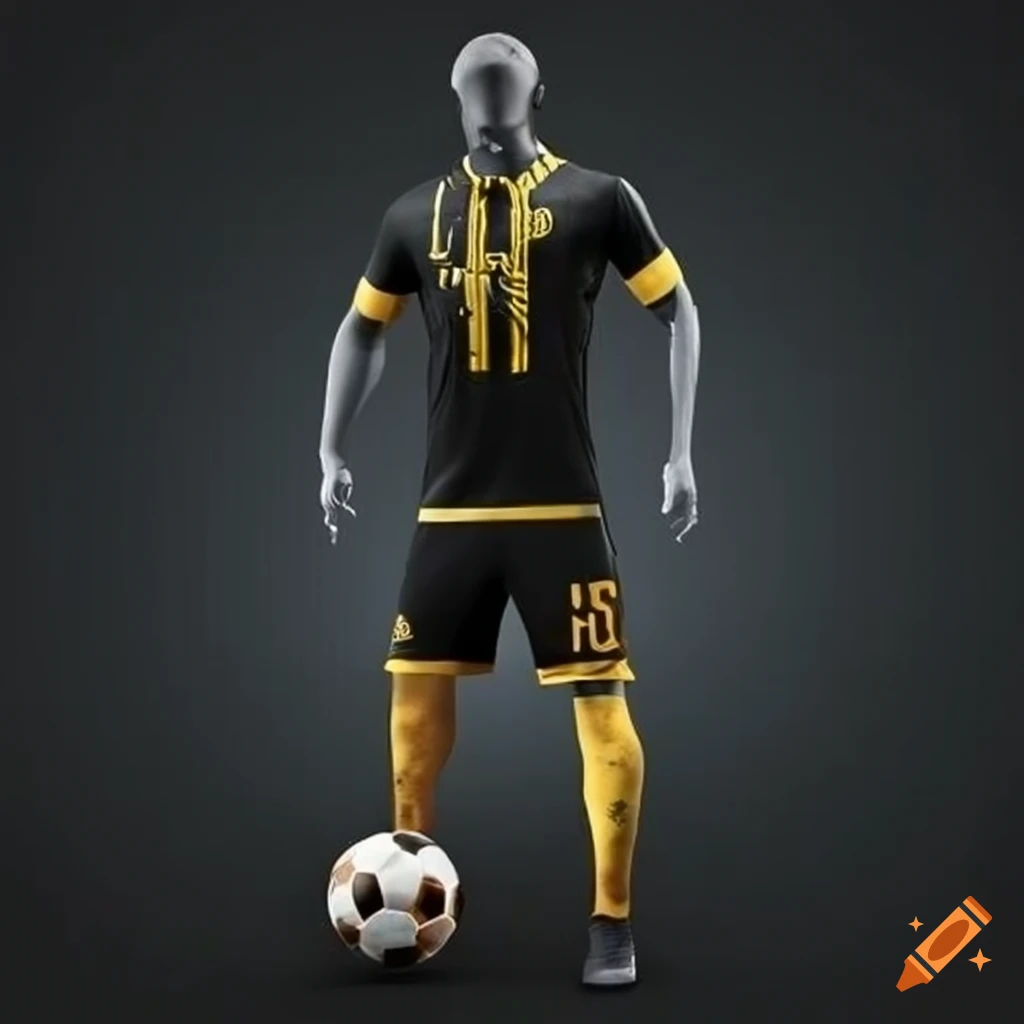 Modern black soccer kit with gold trim for a team called knights on Craiyon