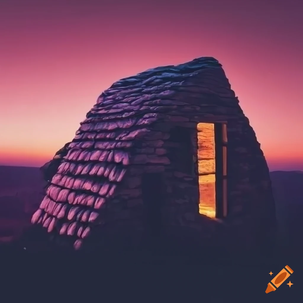 Low stone hut illuminated from within at dusk on Craiyon