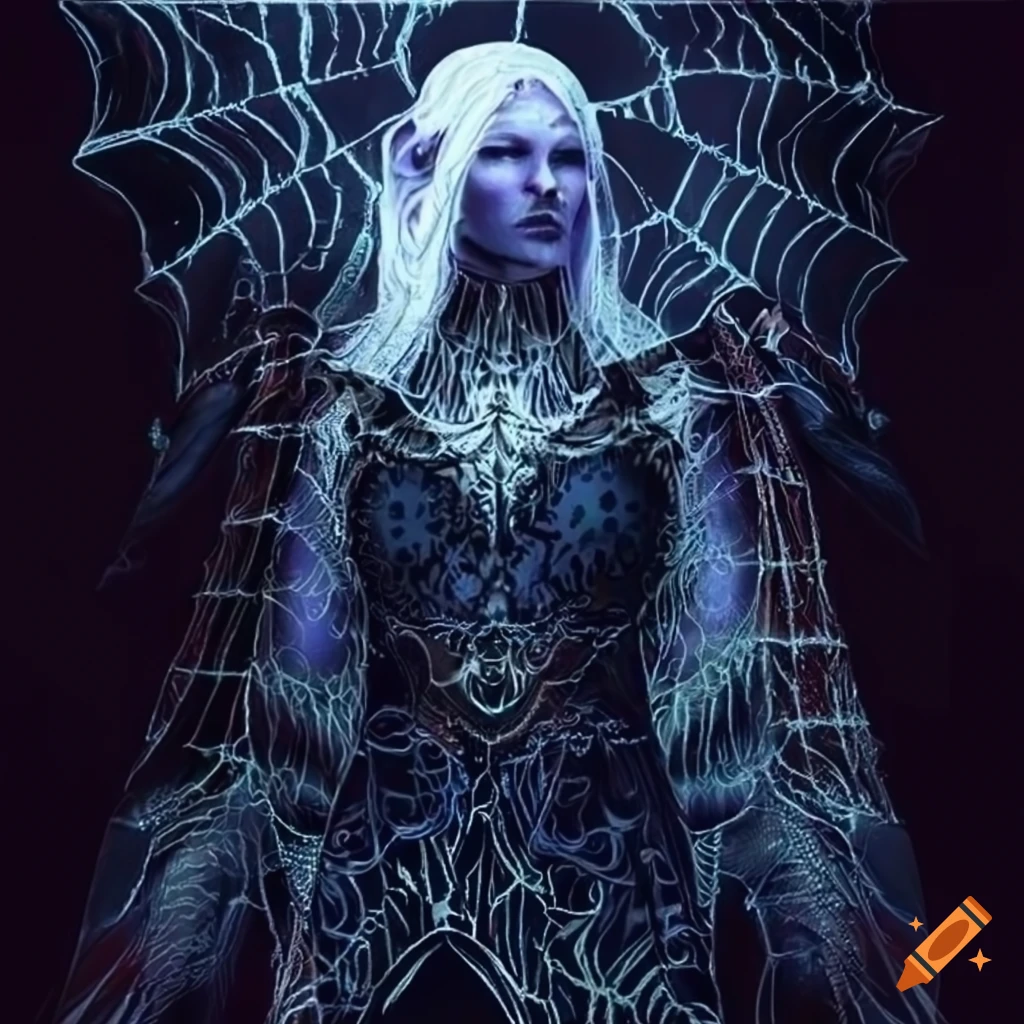 Ethereal spider web design on a drow's ornate outfit on Craiyon