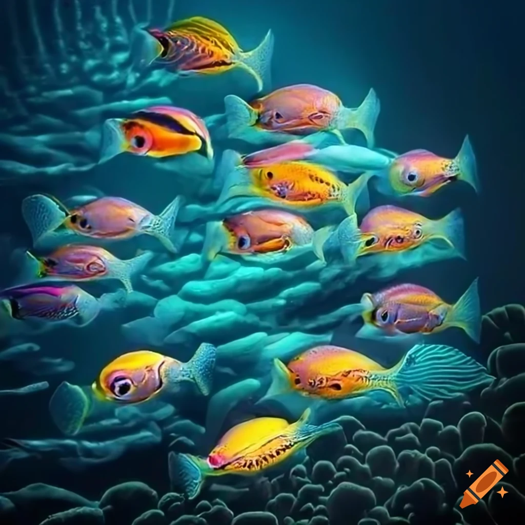 Group of exotic fish in vivid underwater micro photography on Craiyon